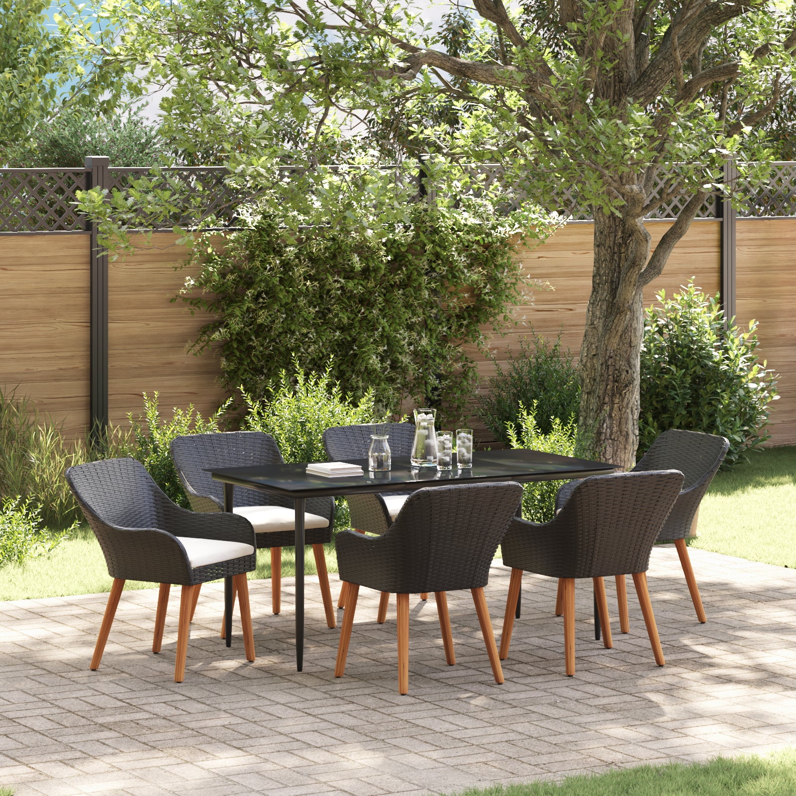 HKH Conjunto de Jantar de Jardim de 7 Peças em Rattan - Preto